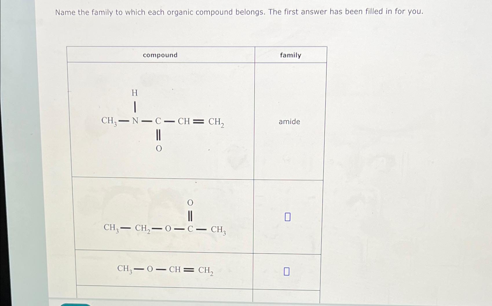 Solved Name the family to which each organic compound | Chegg.com