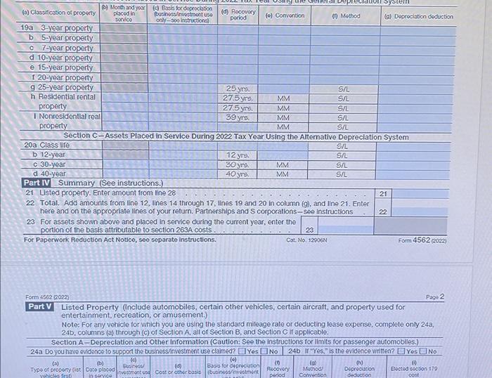 Use the following information to complete Form 4562 | Chegg.com