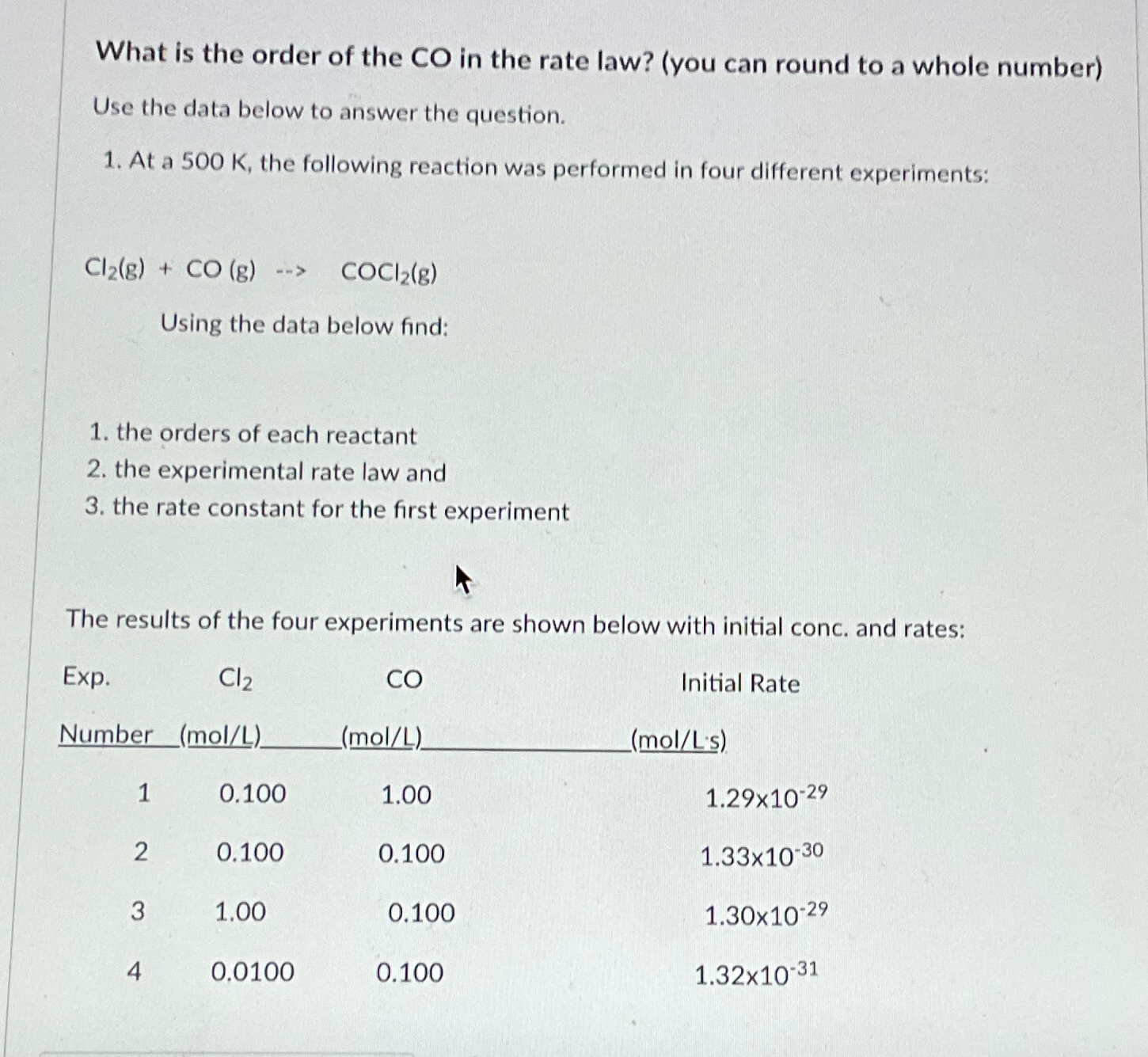Solved What is the order of the CO in the rate law? (you can | Chegg.com