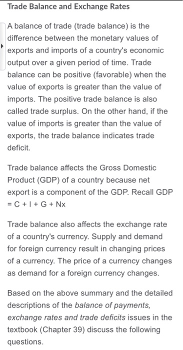 Solved Trade Balance and Exchange Rates A balance of trade | Chegg.com