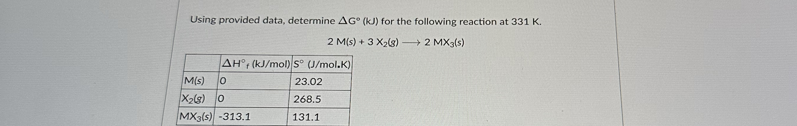 Solved Using provided data, determine ΔG°(kJ) ﻿for the | Chegg.com