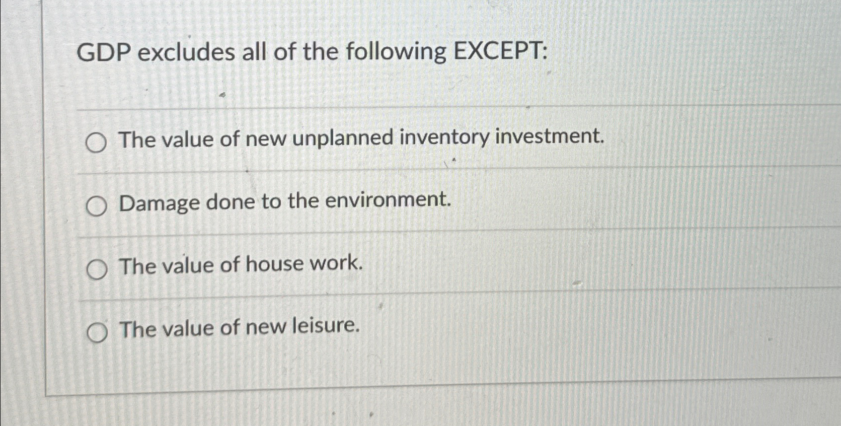 Solved GDP excludes all of the following EXCEPT:The value of | Chegg.com