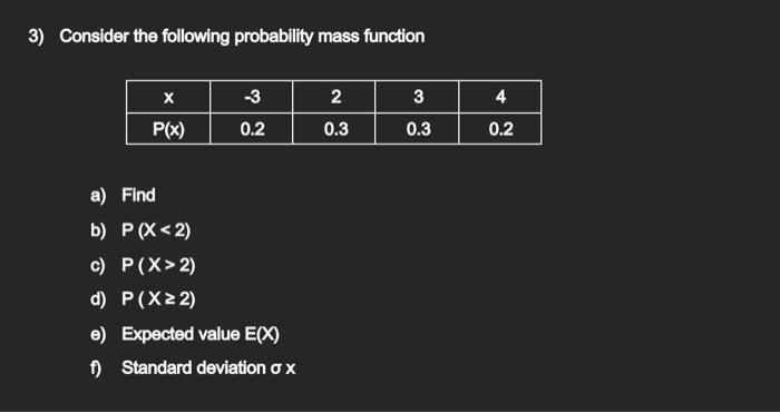 Solved 3) Consider the following probability mass function | Chegg.com