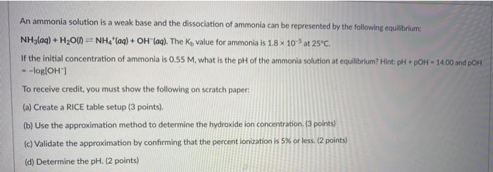 Solved An ammonia solution is a weak base and the | Chegg.com