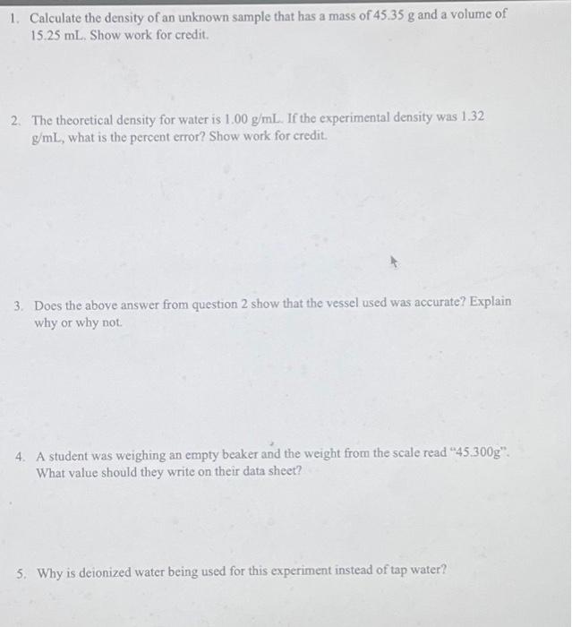 Solved 1. Calculate the density of an unknown sample that | Chegg.com
