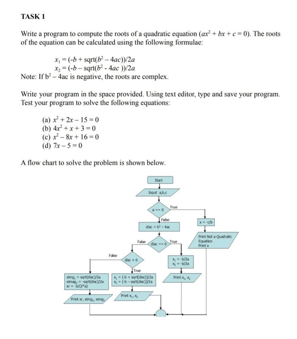 Solved TASK 1 Write a program to compute the roots of a | Chegg.com