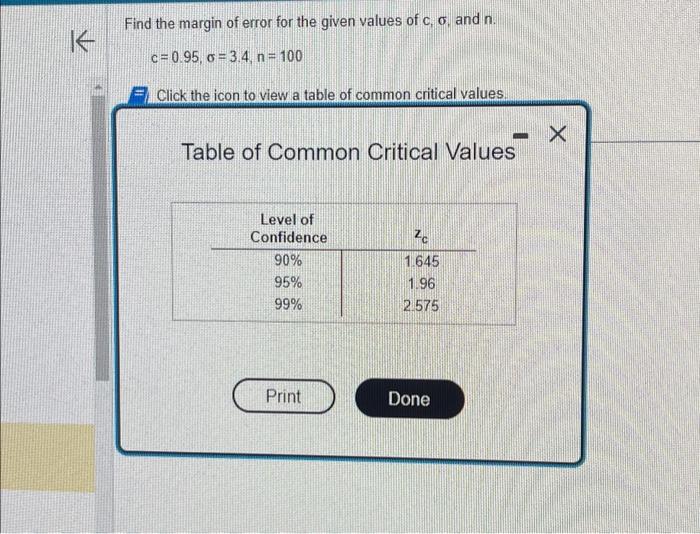 Solved Find the margin of error for the given values of c,σ, | Chegg.com