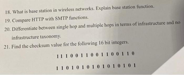 Solved 18. What is base station in wireless networks. | Chegg.com