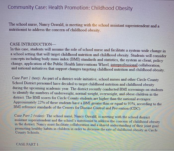 Community Case: Health Promotion: Childhood Obesity | Chegg.com