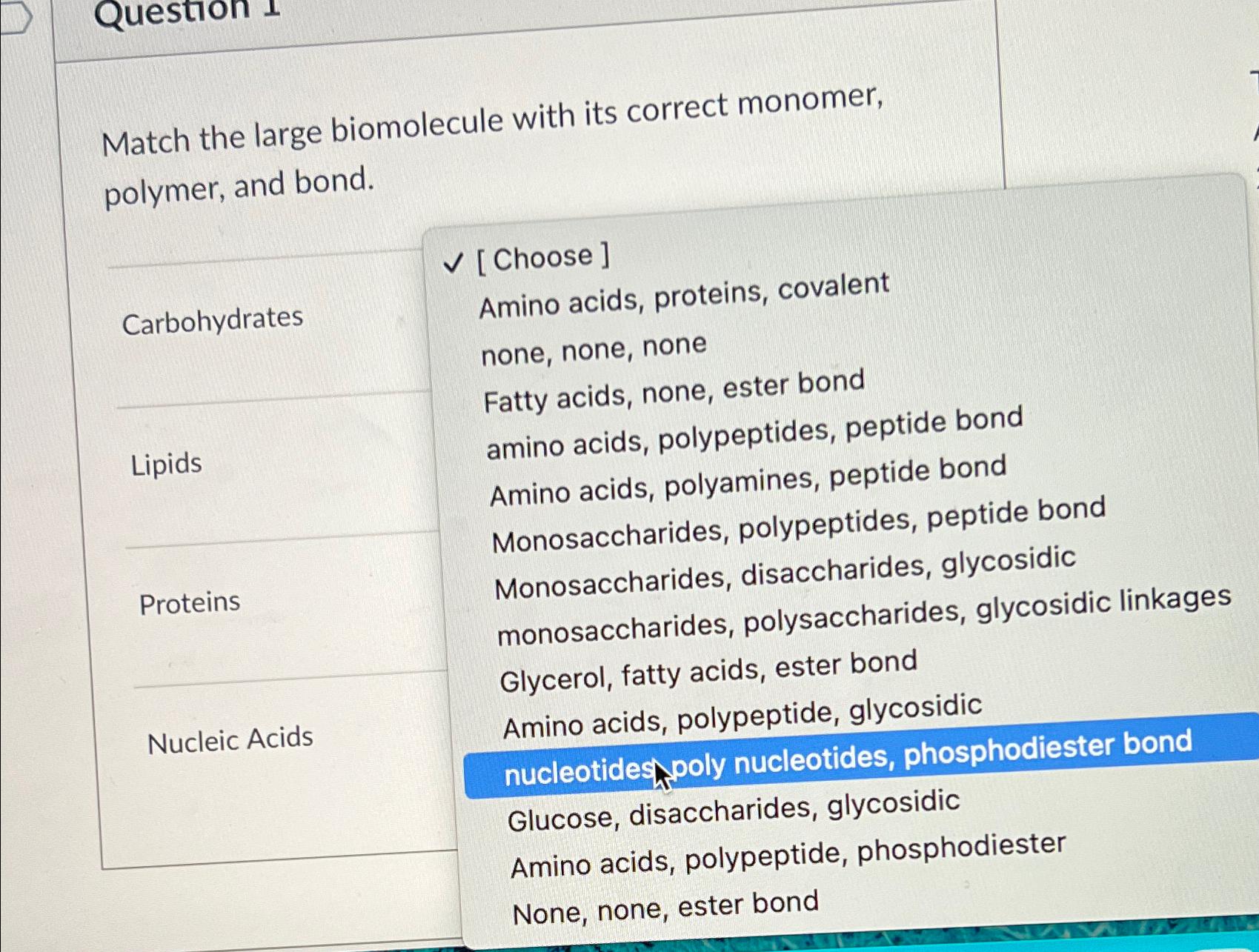 Solved Match the large biomolecule with its correct monomer, | Chegg.com