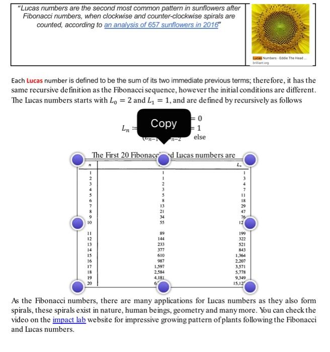 Solved "Lucas numbers are the second most common pattern in | Chegg.com