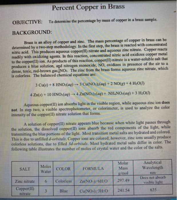 Solved Percent Copper in Brass OBJECTIVE: To determine the | Chegg.com