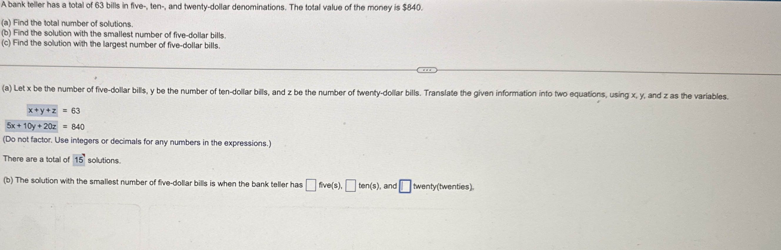 A bank teller has a total of 63 ﻿bills in five-, | Chegg.com