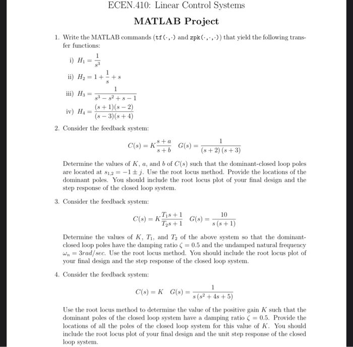 Solved Ecen410 Linear Control Systems Matlab Project 1 