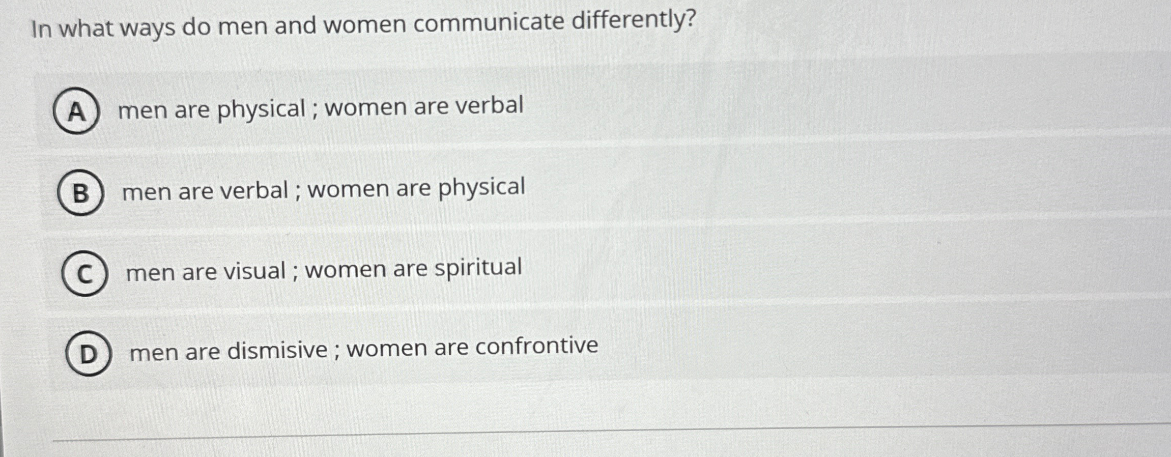 Solved In what ways do men and women communicate | Chegg.com