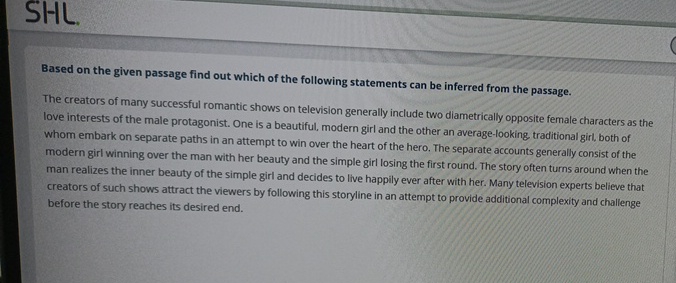 Solved SHL.Based on the given passage find out which of the | Chegg.com