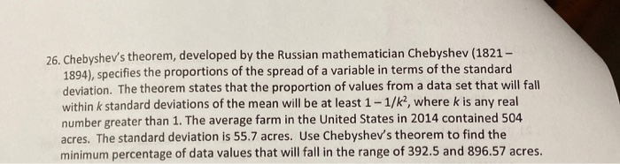 Solved 26. Chebyshev's theorem, developed by the Russian | Chegg.com