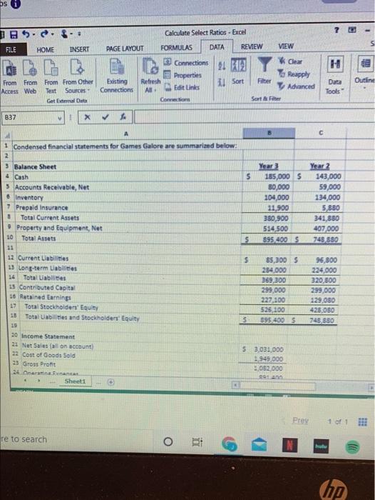 Solved Calculate Select Ratios - Excel FILE HOME INSERT | Chegg.com
