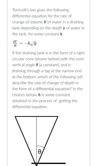 Solved Torricelli's law gives the following differential | Chegg.com
