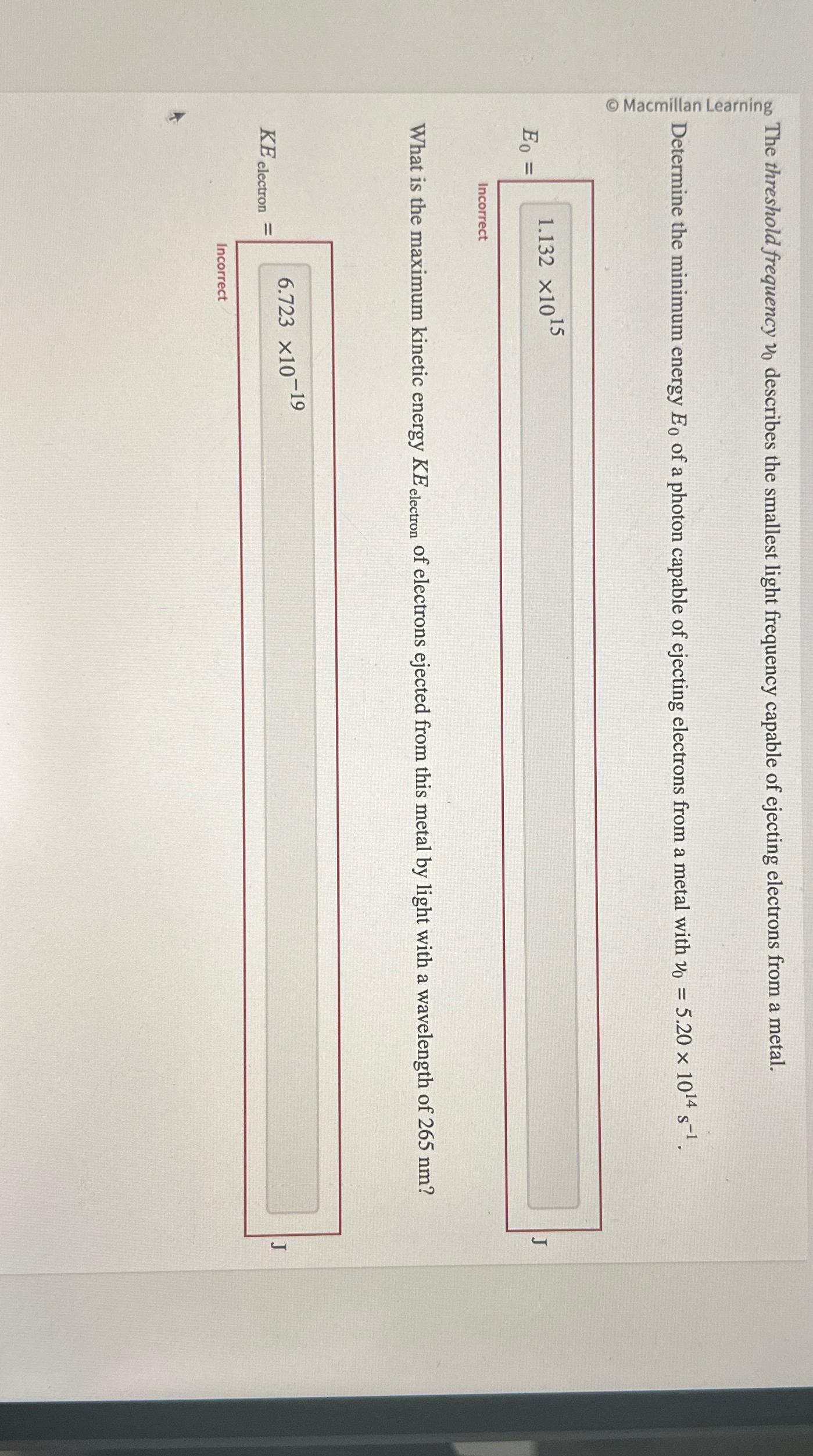 Solved The threshold frequency \\n(u _(()0) describes the | Chegg.com