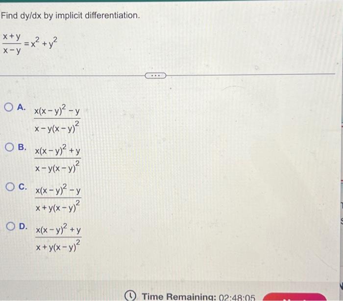 Solved Find dy/dx by implicit differentiation. x−yx+y=x2+y2 | Chegg.com