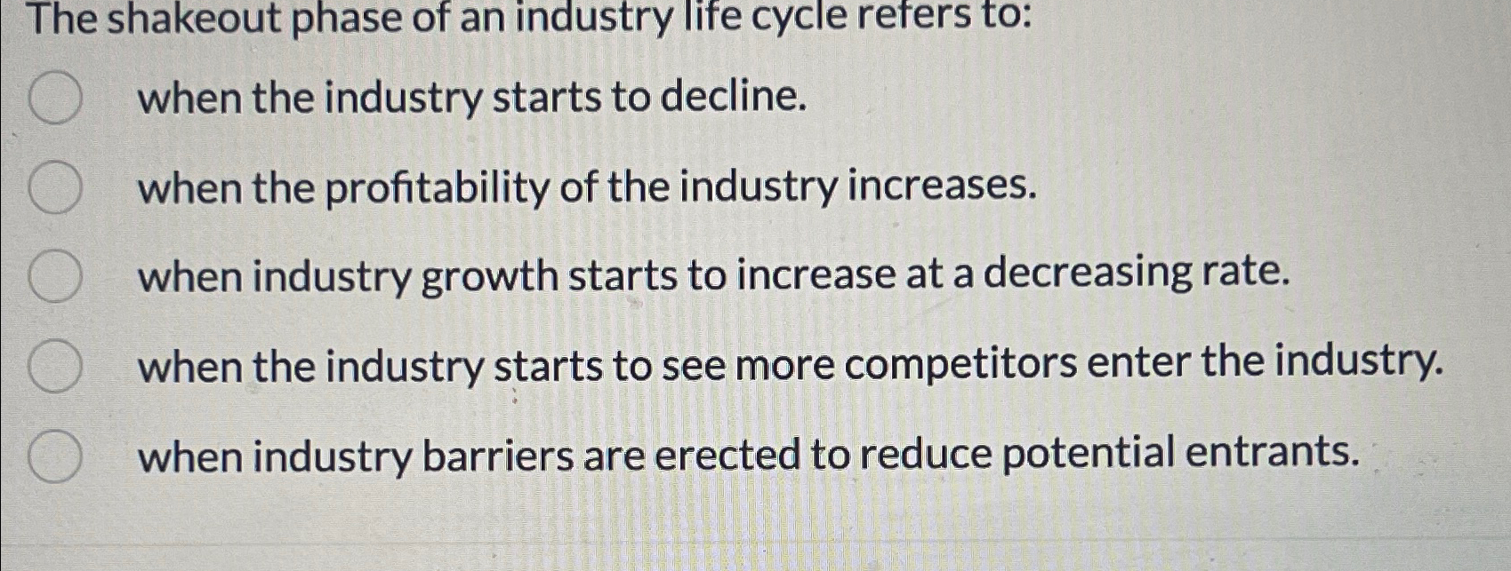 Solved The shakeout phase of an industry life cycle refers | Chegg.com