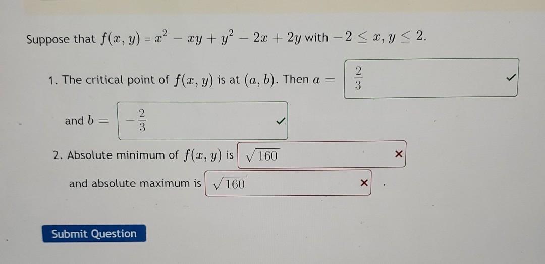 Solved Suppose That F X Y X2 Xy Y2 2x 2y With 2