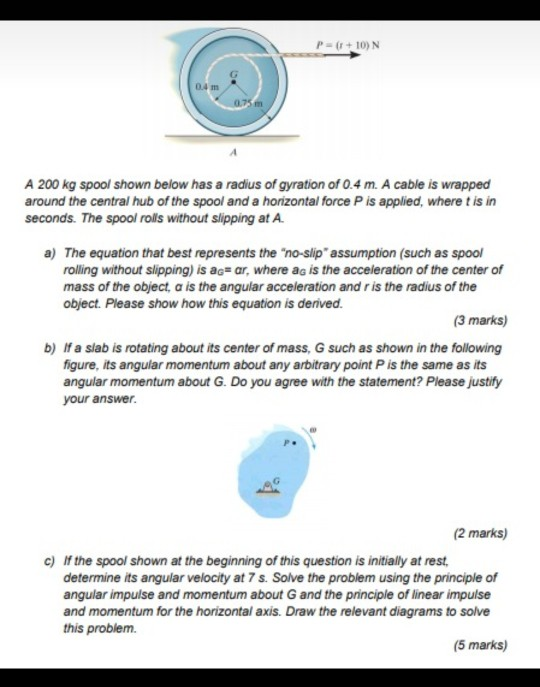 Solved P = (x+10) N 04 m A 200 kg spool shown below has a | Chegg.com