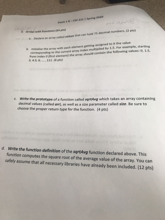 Solved Exam 1-CSC 211 Spring 2020 Date: 3/47202, Name: Husam | Chegg.com