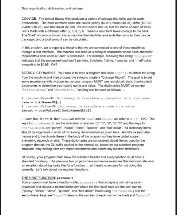 Solved Data organization, dictionaries, and coinage. | Chegg.com