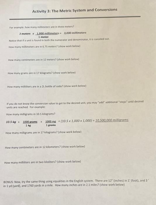 Solved Activity 3: The Metric System and Conversions For | Chegg.com