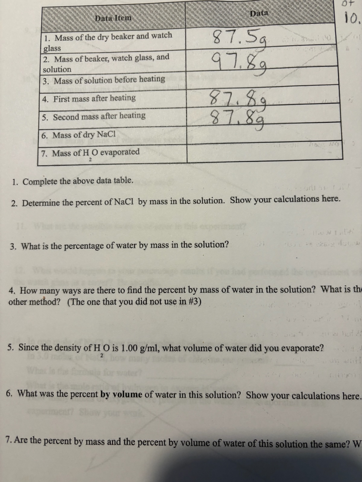 Solved if the volume of solution is 10.0ml fill in the table | Chegg.com