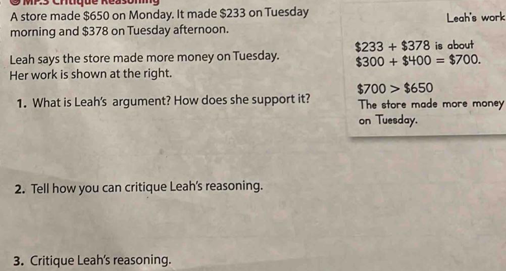 Solved 2. Tell how you can critique Leah's reasoning. 3. | Chegg.com