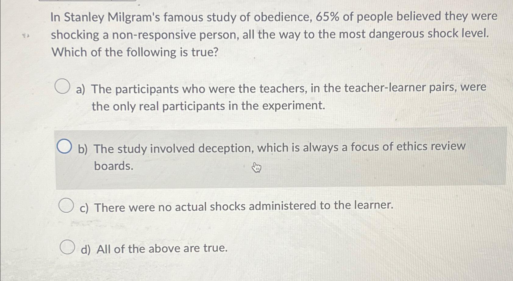Solved In Stanley Milgram's famous study of obedience, 65% | Chegg.com