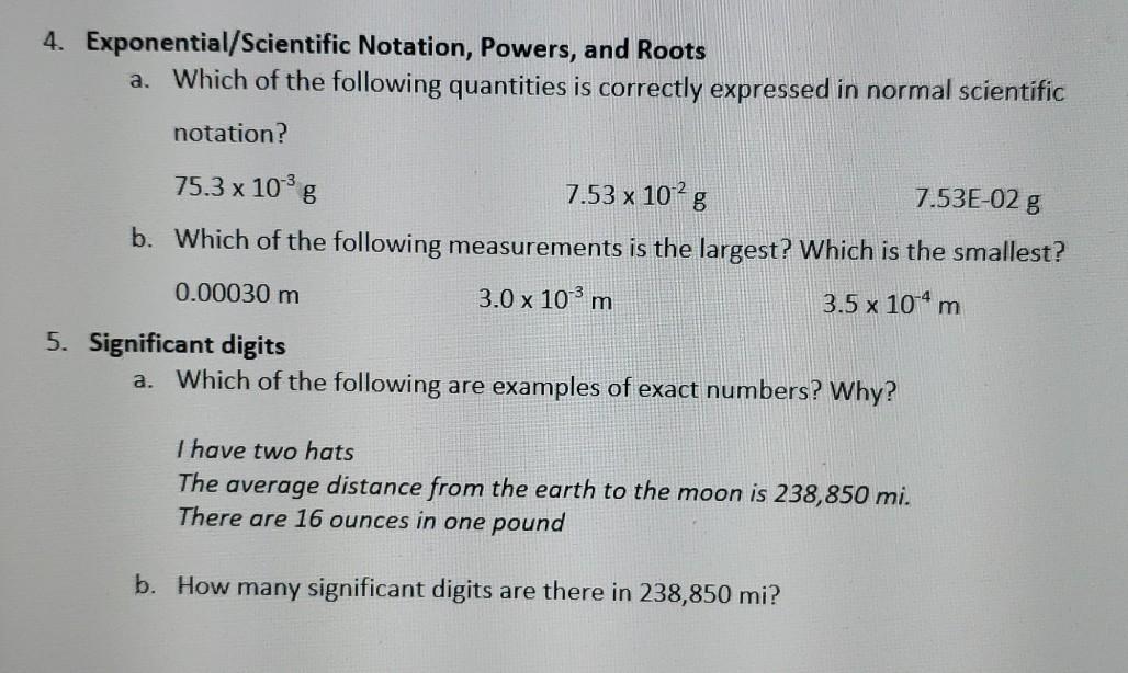 Solved 4. Exponential/Scientific Notation, Powers, and Roots | Chegg.com