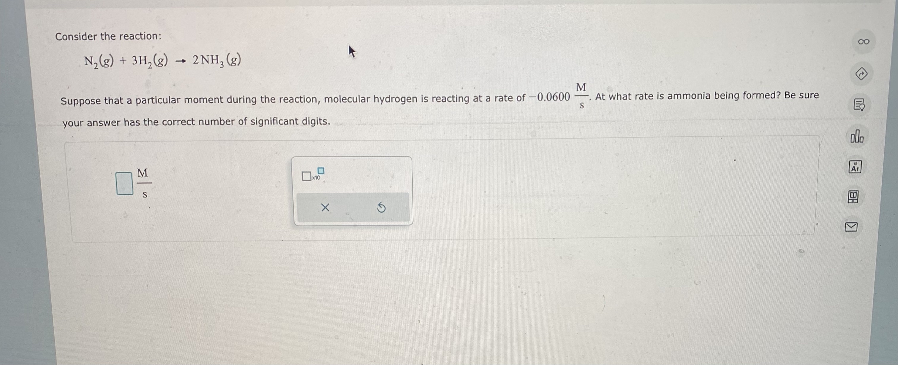Solved Consider the reaction:N2(g)+3H2(g)→2NH3(g)Suppose | Chegg.com
