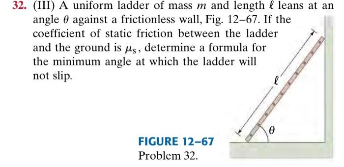 32. (III) A uniform ladder of mass m and length ℓ | Chegg.com