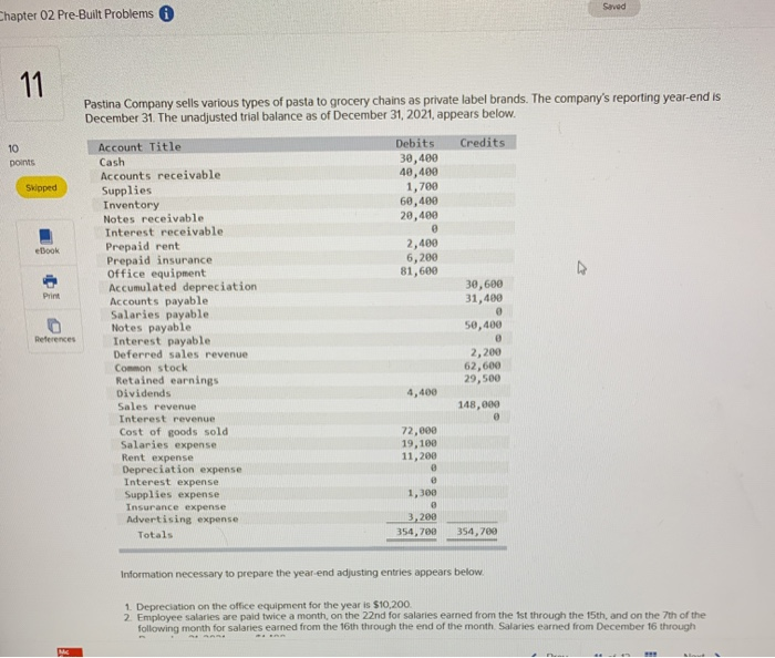 Solved Sarved Thapter 02 Pre-Built Problems Pastina Company | Chegg.com