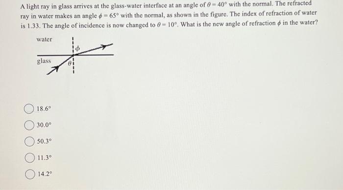 Solved A light ray in glass arrives at the glass-water | Chegg.com