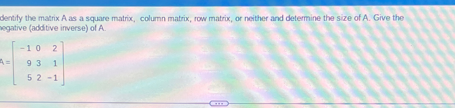 Solved dentify the matrix A ﻿as a square matrix, column | Chegg.com