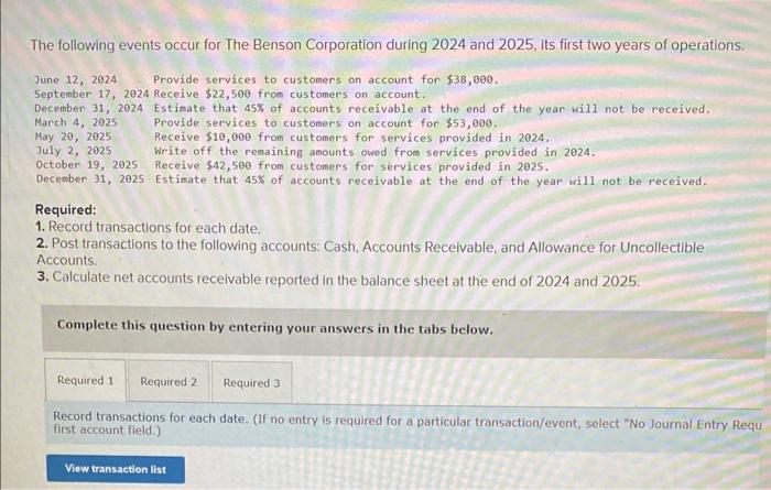 Solved The following events occur for The Benson Corporation | Chegg.com
