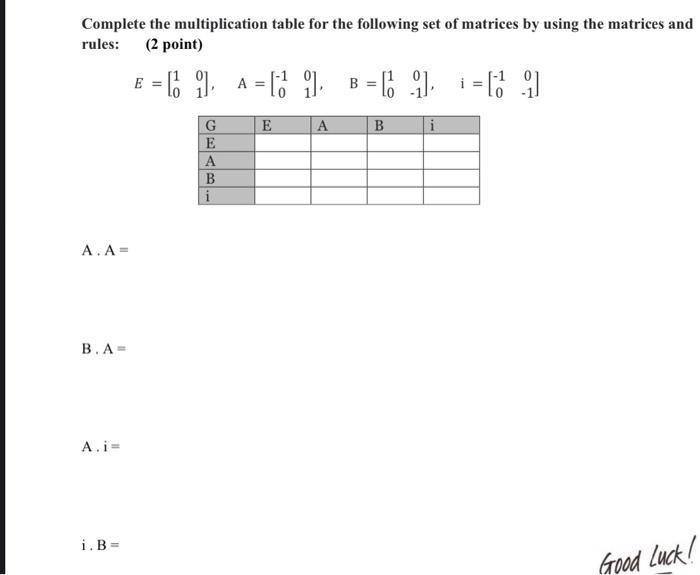 Solved Complete the multiplication table for the following | Chegg.com