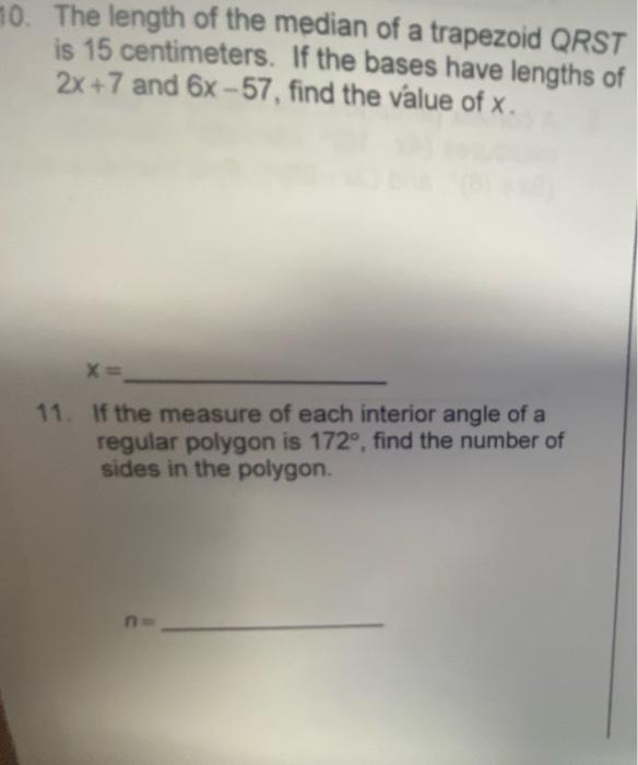 Solved 0. The length of the median of a trapezoid QRST is 15 | Chegg.com
