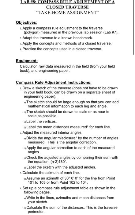 Solved LAB \#8: COMPASS RULE AD.JUSTMENT OFA CLOSED TRAVERSE | Chegg.com