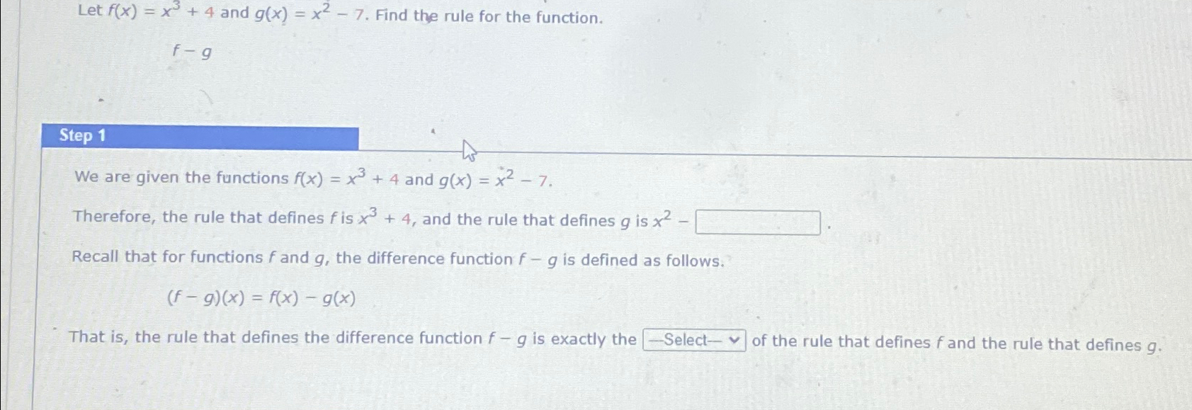 Solved Let f(x)=x3+4 and g(x)=x2-7. Find the rule for the | Chegg.com Solved Let f(x)=x3+4 and g(x)=x2-7. Find the rule for the | Chegg.com
