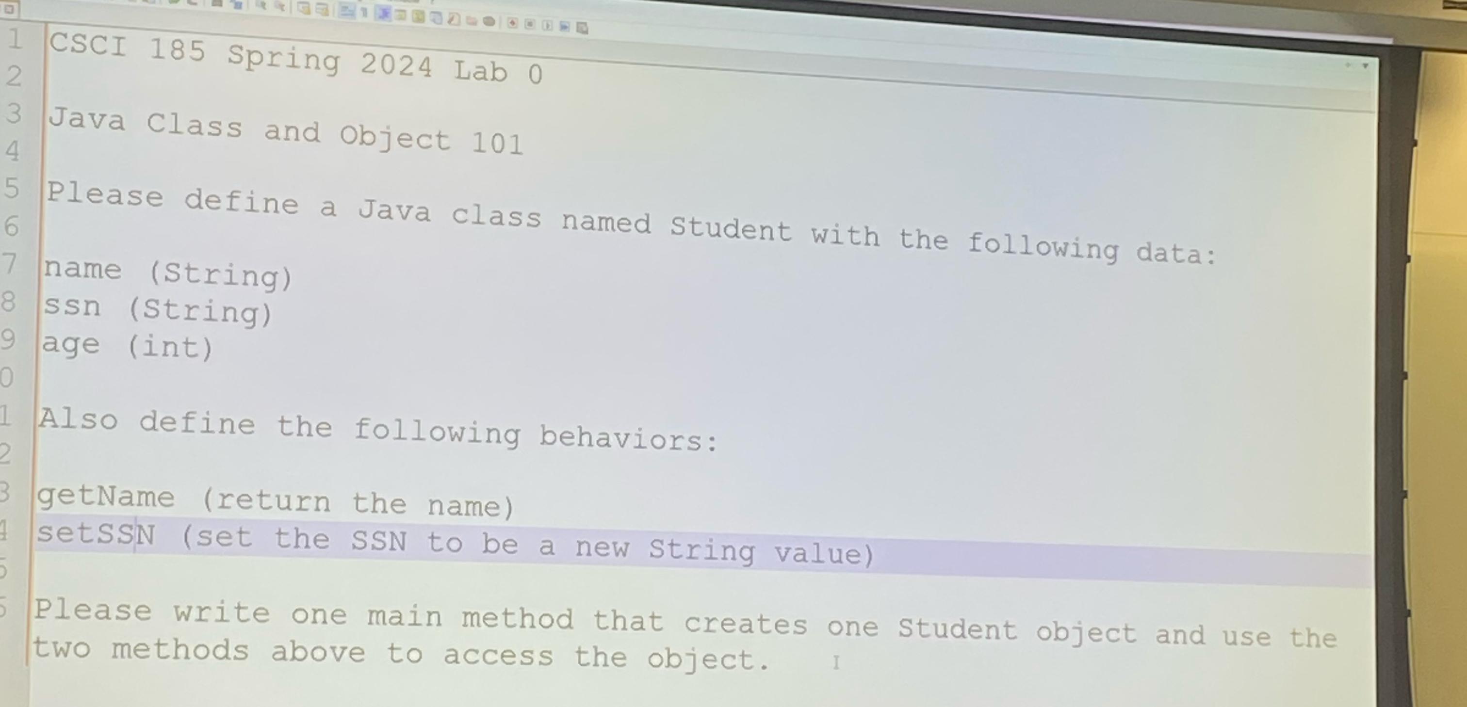 Solved CSCI 185 ﻿Spring 2024 ﻿Lab 0Java Class and Object | Chegg.com