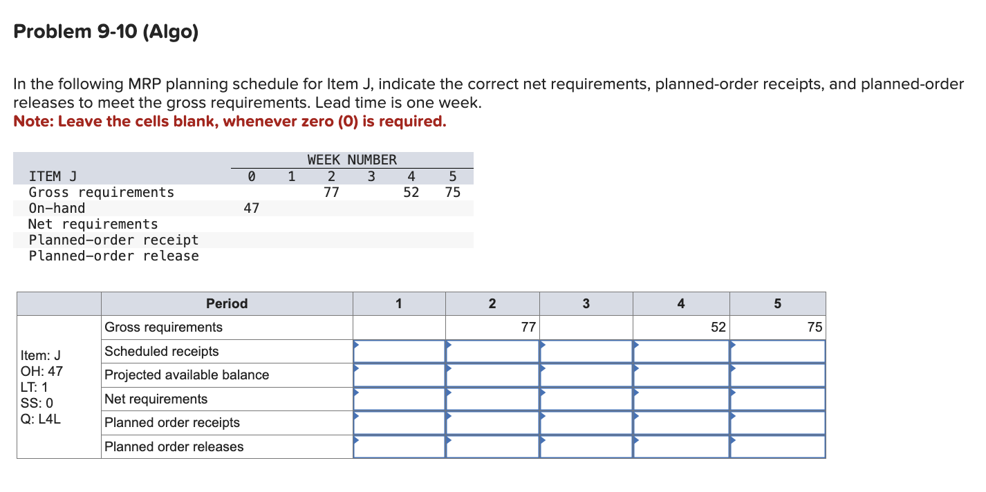 Solved Problem 9-10 (Algo)In the following MRP planning | Chegg.com