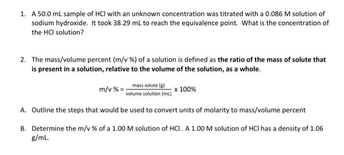 Solved 1. A 50.0 mL sample of HCl with an unknown | Chegg.com