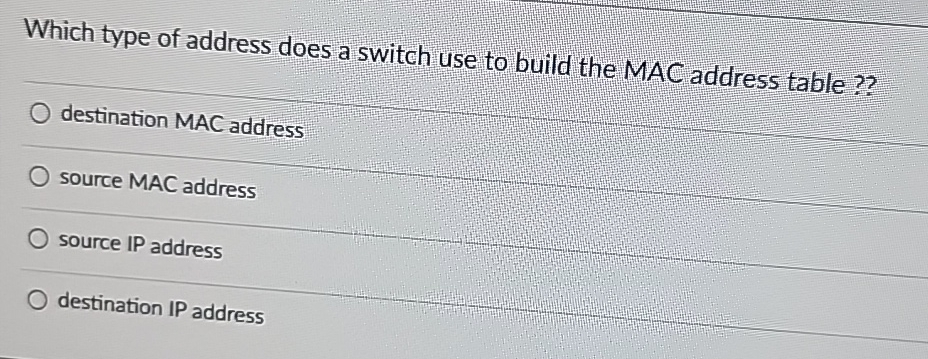 Solved Which type of address does a switch use to build the | Chegg.com