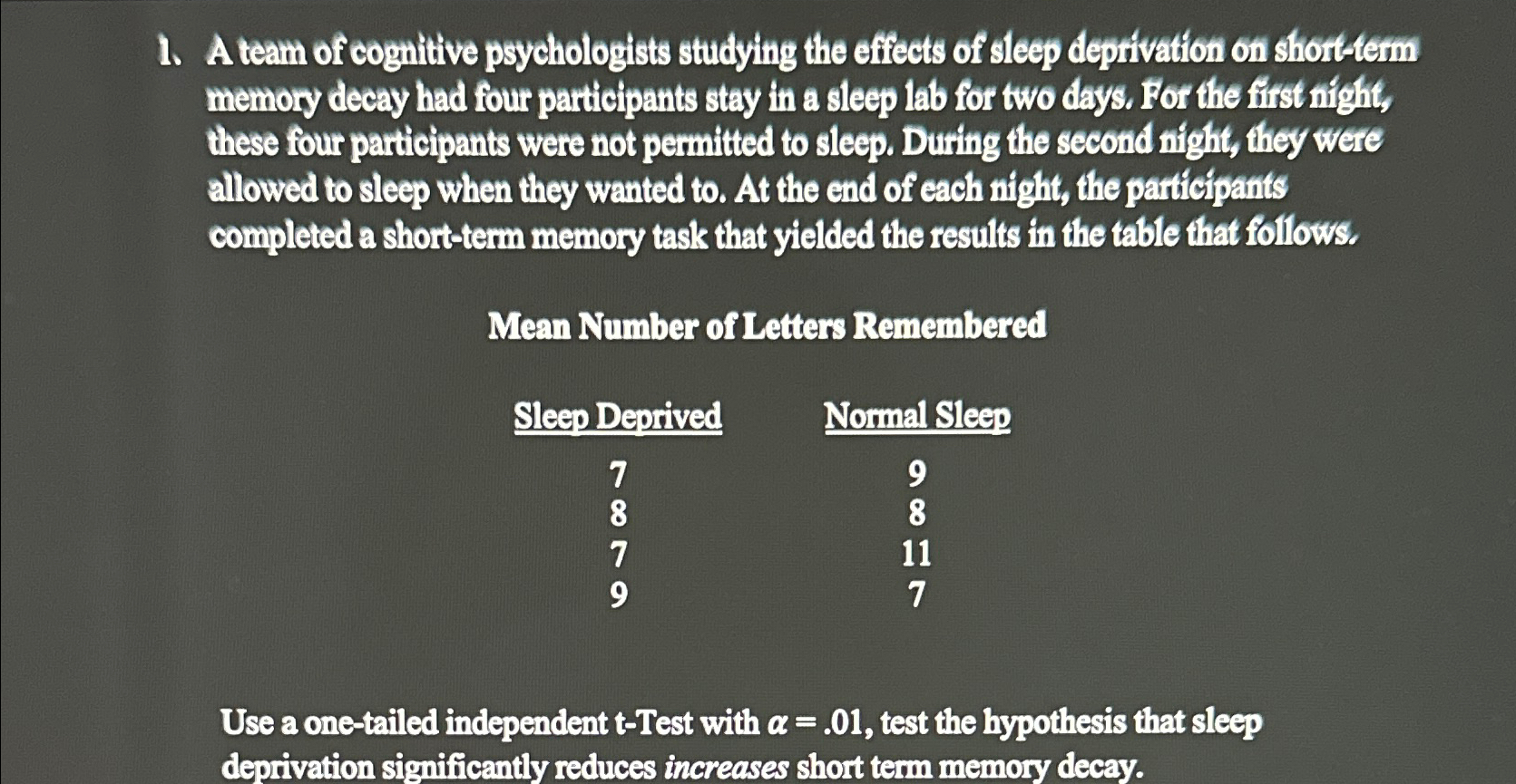 Solved A team of cognitive psychologists studying the | Chegg.com